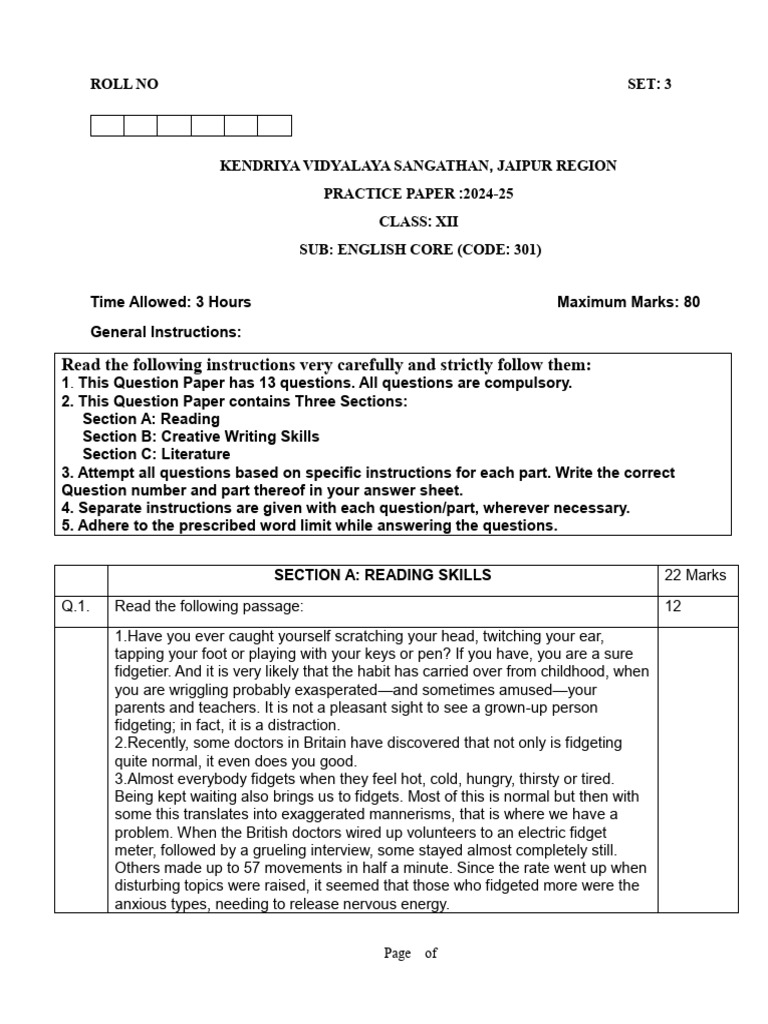 PRACTICE SET 3 QP_XII ENG PB 2024-25 Mathur Sir | PDF | Anxiety | Glacier