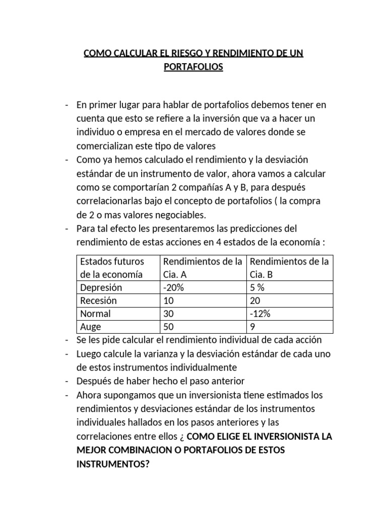 Cálculo de Riesgo y Rendimiento de Portafolios | PDF