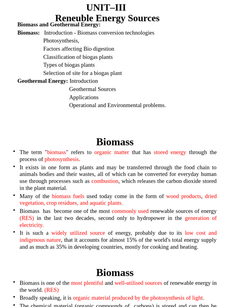 RES Unit-III BioMass -Biogas | PDF | Fuels | Energy Development
