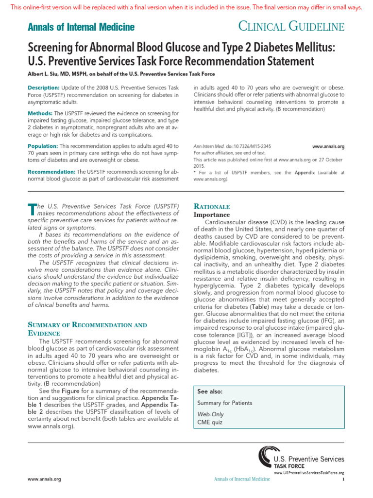 USPSTF Screening For Abnormal Glucose and Type 2 Diabetes ...