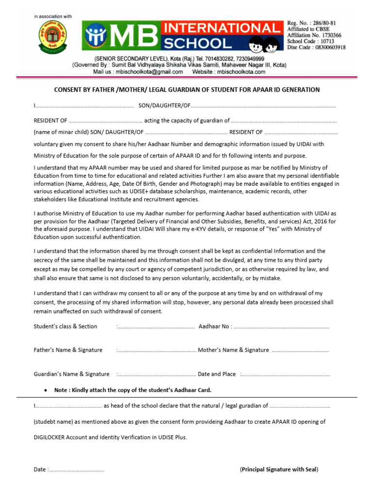 APPAR ID Consent Letter 2024-25 | PDF | Government | Privacy