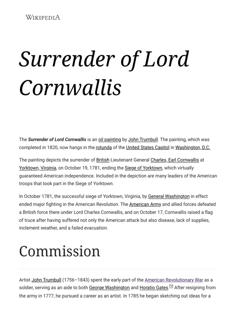 Surrender of Lord Cornwallis - Wikipedia | PDF | American Revolutionary ...