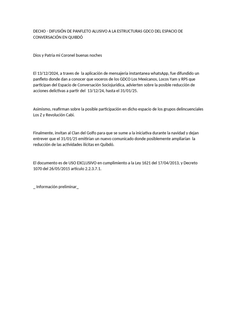 Difusión de Panfleto sobre GDCO en Quibdó | PDF