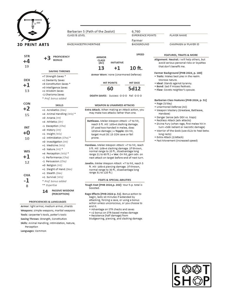 Fast Character - Barbarian 5 (Path of The Zealot) - PHB 2024 | PDF ...