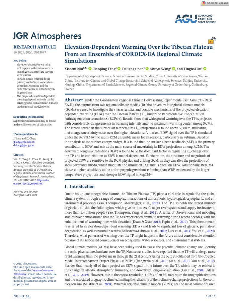 JGR Atmospheres - 2021 - Niu - Elevation‐Dependent Warming Over the ...
