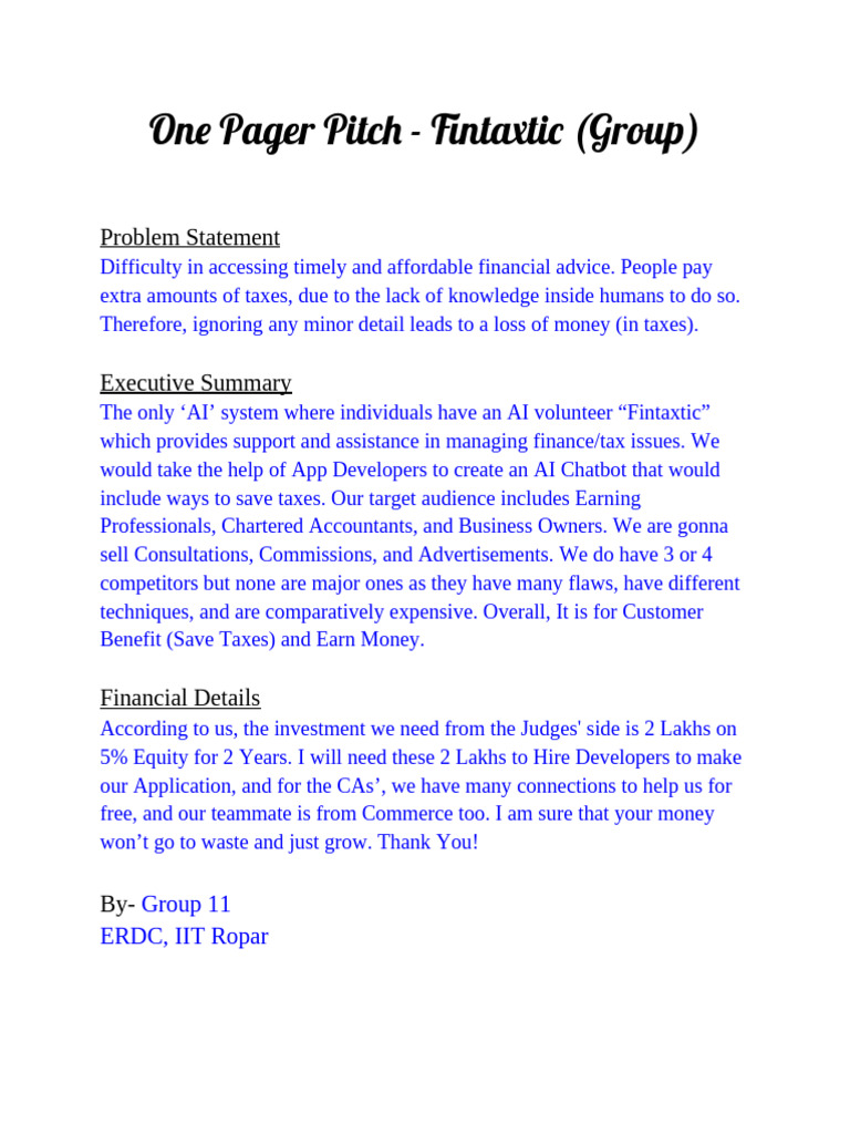 One Pager Pitch (Group) - ERDC - IIT Ropar | PDF
