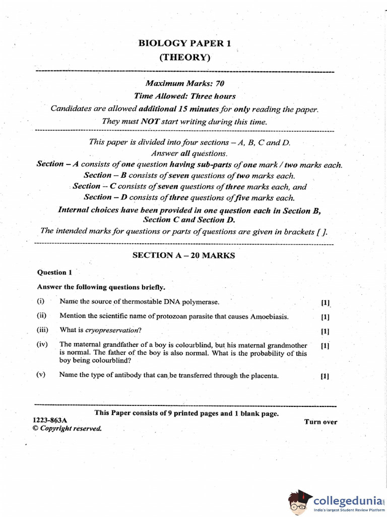 ISC Class 12 Biology Paper 1 Question Paper 2023 | PDF