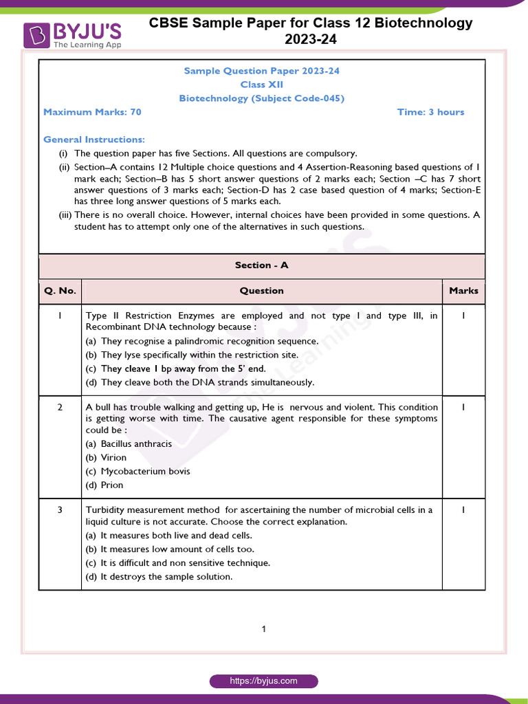 CBSE-Sample-Paper-for-Class-12-April25-Biotechnology-2023-24 | PDF | Polymerase Chain Reaction ...