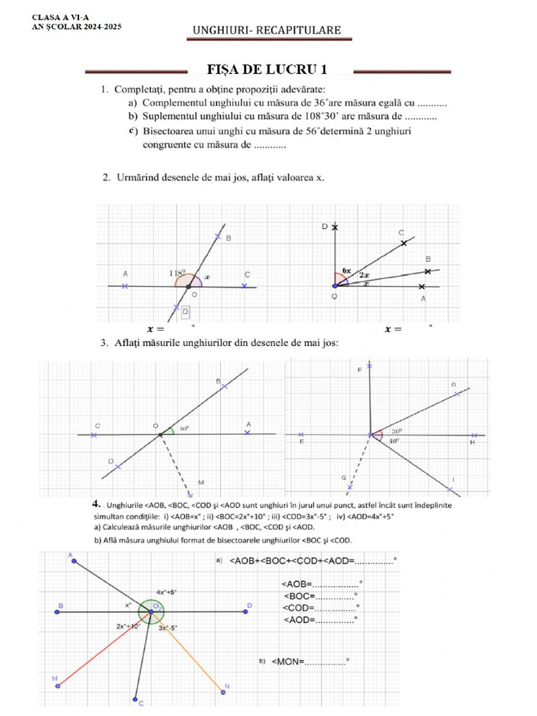 VI G_Fisa de lucru_UNGHIURI - RECAPITULARE | PDF