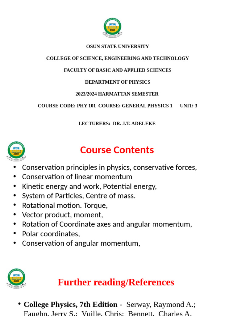 PHY 101 GENERAL PHYSICS 1 - 095327555tyhg | PDF | Momentum | Force