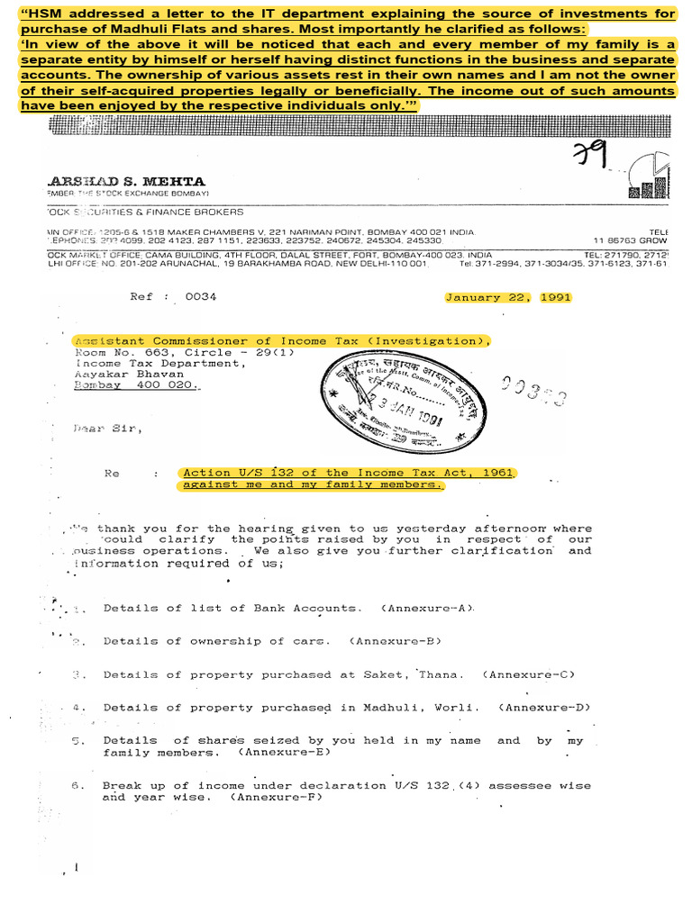 LET OF HSM TO ACIT Action Us 132 of The I T Act 1961 DT 22 01 1991 - MARK | PDF | Private Sector ...