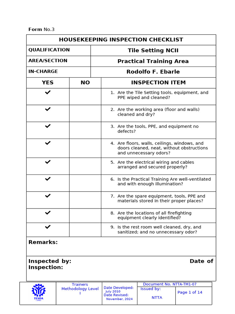 F3-Housekeeping Inspection Checklist | PDF