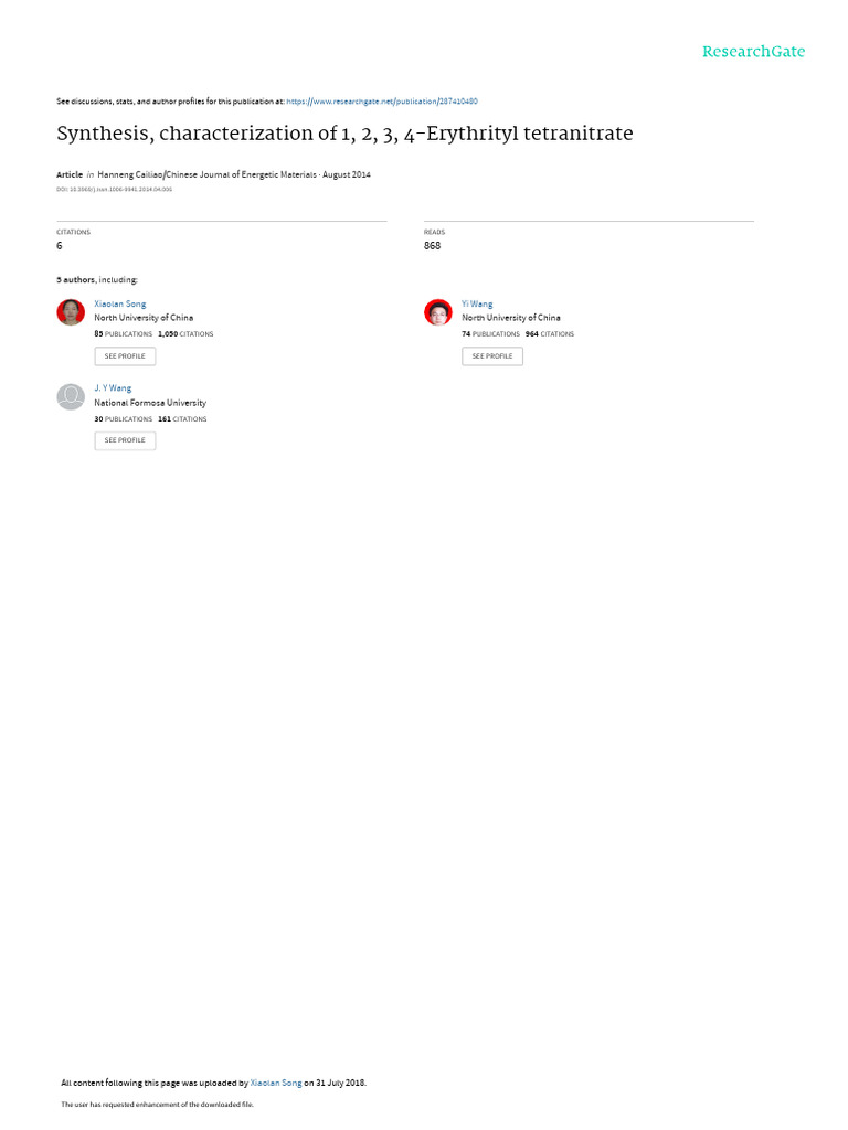 Synthesis, Characterization of 1, 2, 3, 4-Erythrityl Tetranitrate | PDF