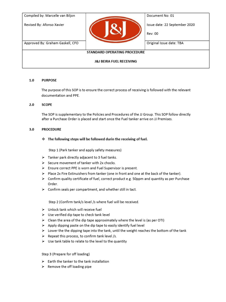 Fuel Receiving SOP | PDF | Oil Tanker