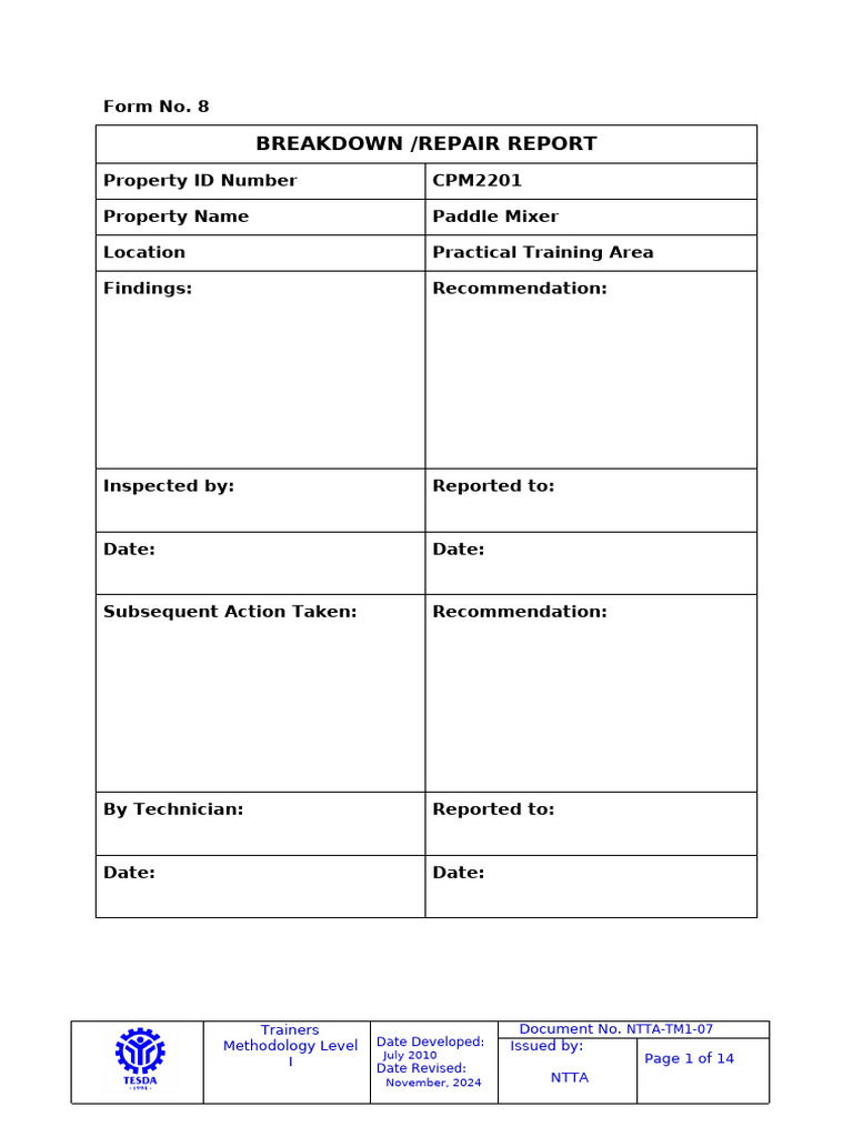 F8-Breakdown Repair Report | PDF