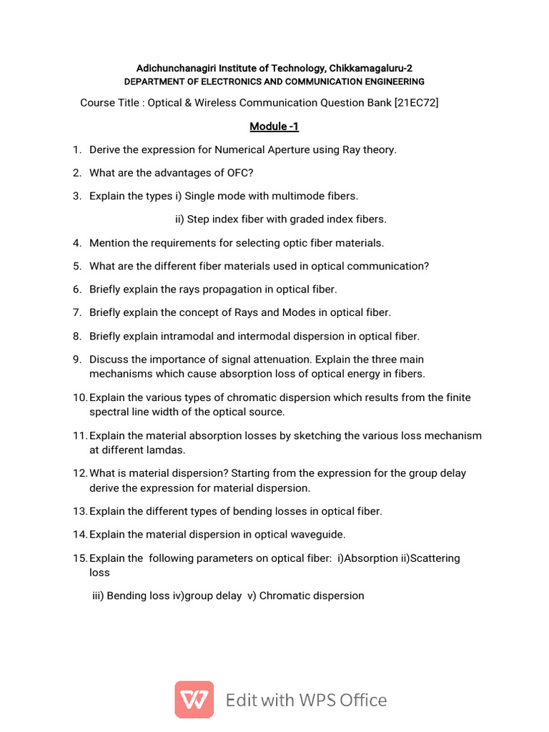OWC Question bank | PDF | Optical Fiber | Optics