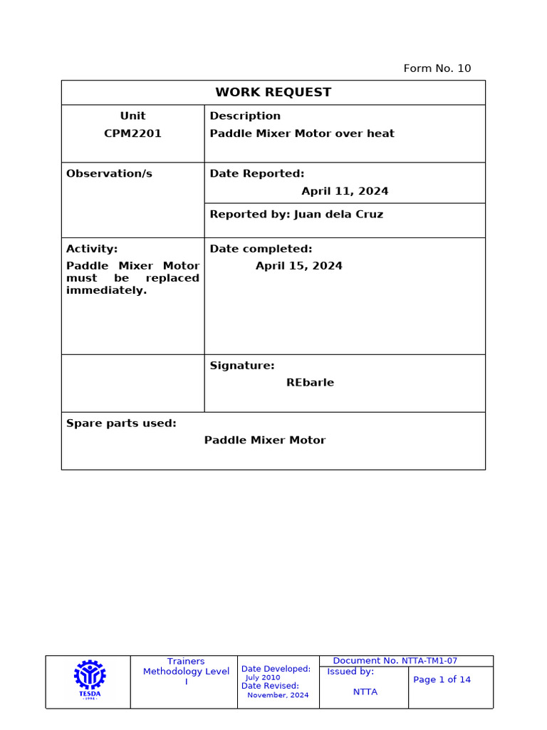 FF10 Work Request | PDF