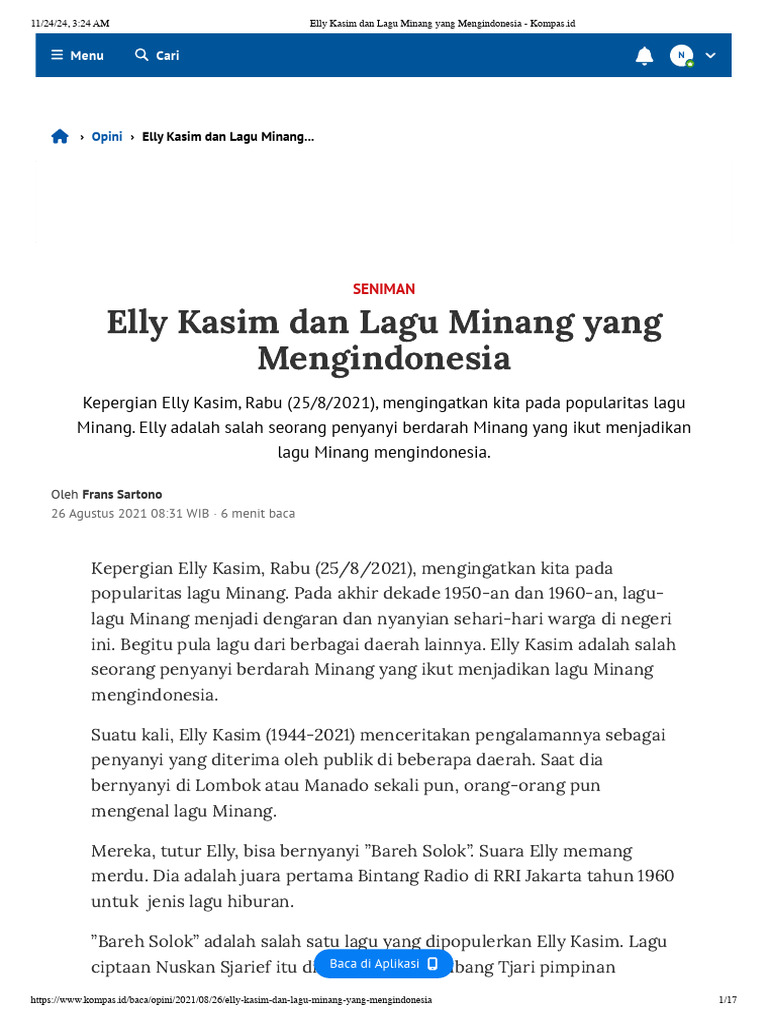 Elly Kasim Dan Lagu Minang Yang Mengindonesia - Kompas - Id | PDF