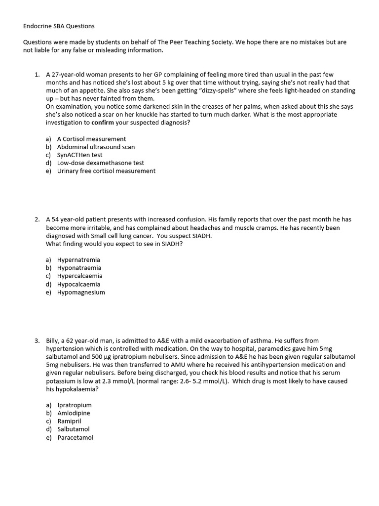 2a Endocrine Sba Questions | PDF | Adrenal Gland | Endocrinology