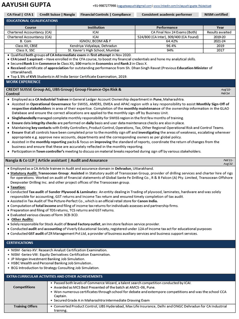 Aayushi Gupta_Resume. (1) | PDF | Audit | Taxes
