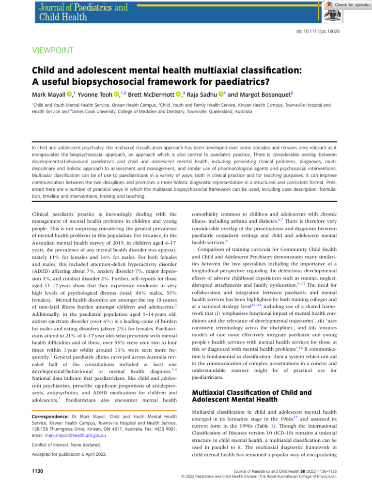 J Paediatrics Child Health - 2022 - Mayall - Child and Adolescent ...