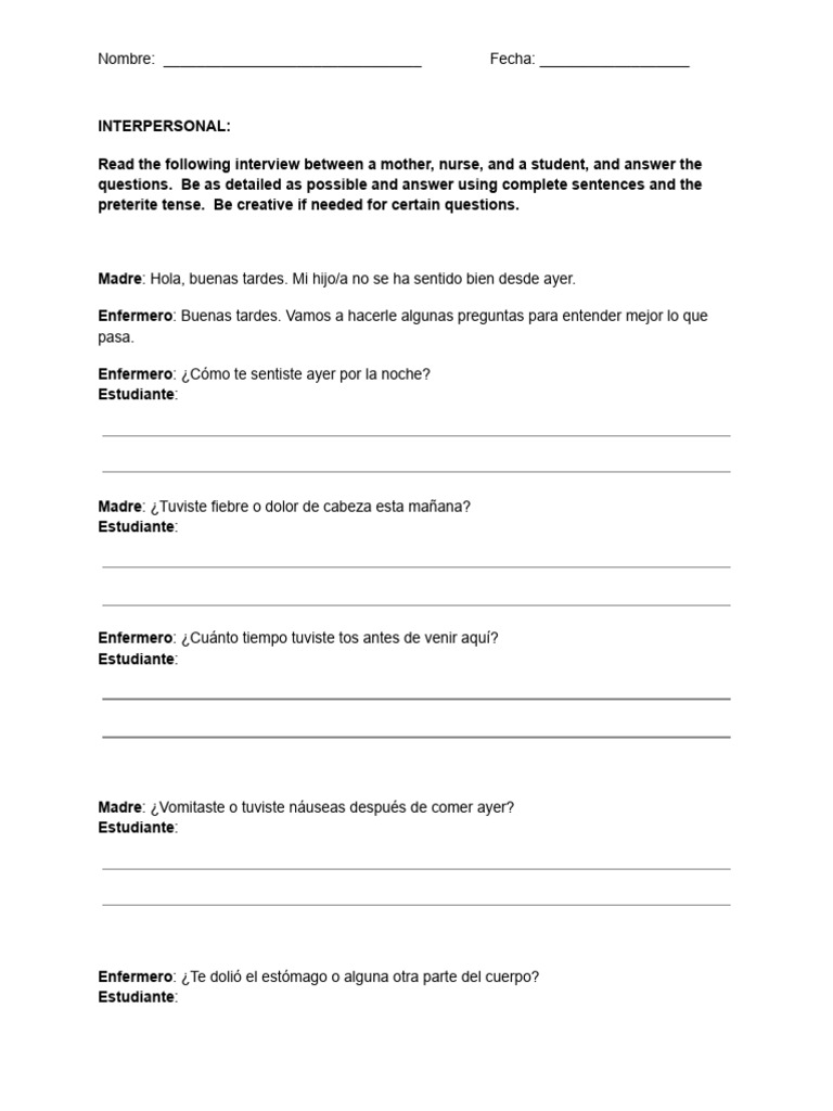 Spanish 2CPE - Preterito y Salud - Interview With Mother & Nurse | PDF