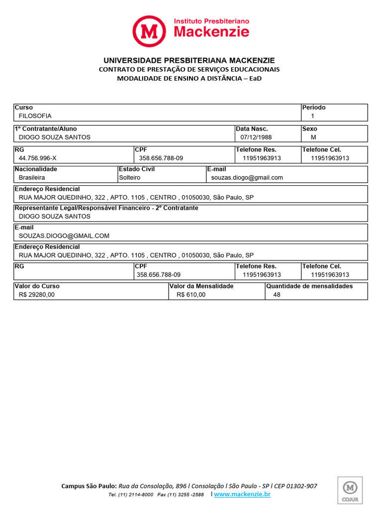 Contrato de Curso EaD - Mackenzie | PDF | Cheque (banco) | Educação à ...