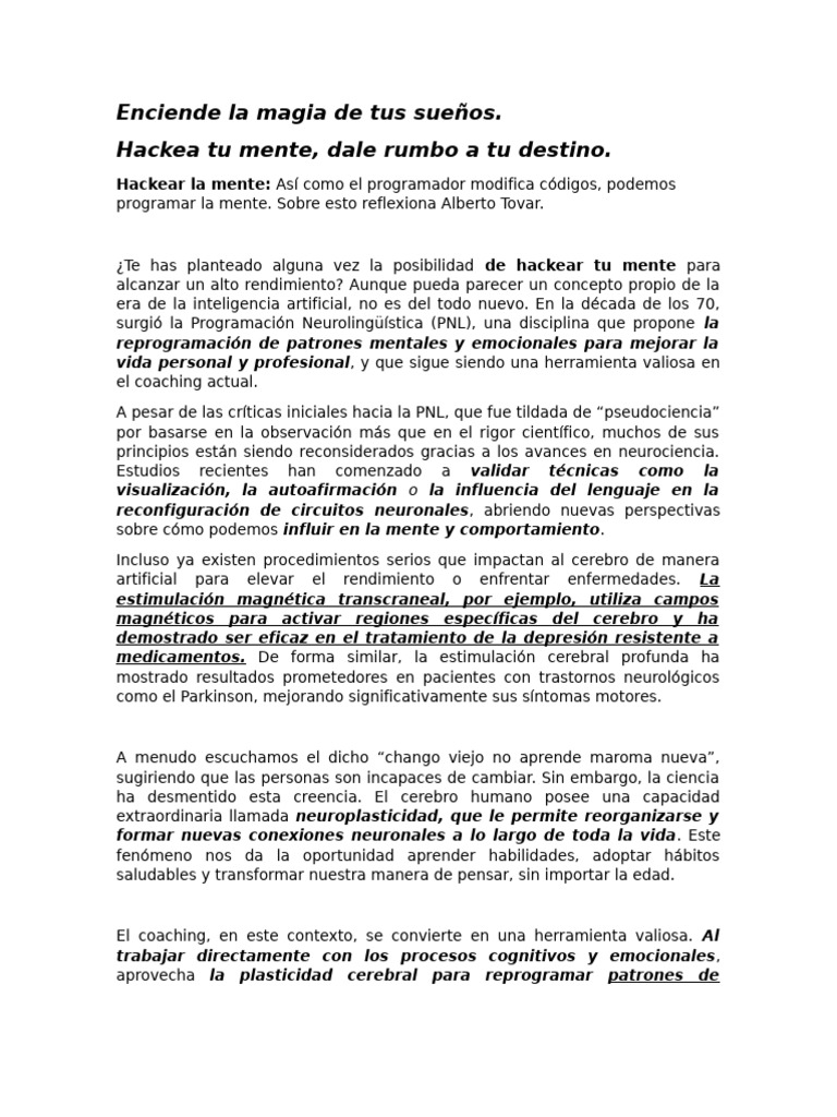 Hackea tu mente cambia tu destino | PDF | Mente | Cerebro Hackea tu mente cambia tu destino | PDF | Mente | Cerebro