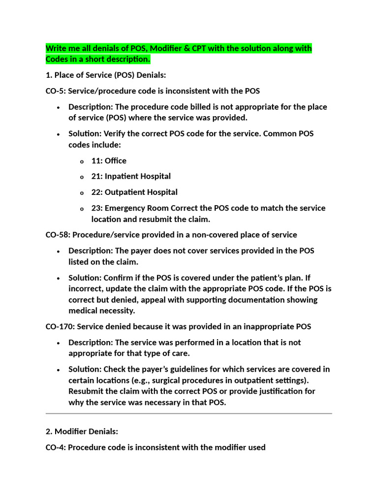 Denial POS, Modifier & CPT | PDF | Patient | Hospital