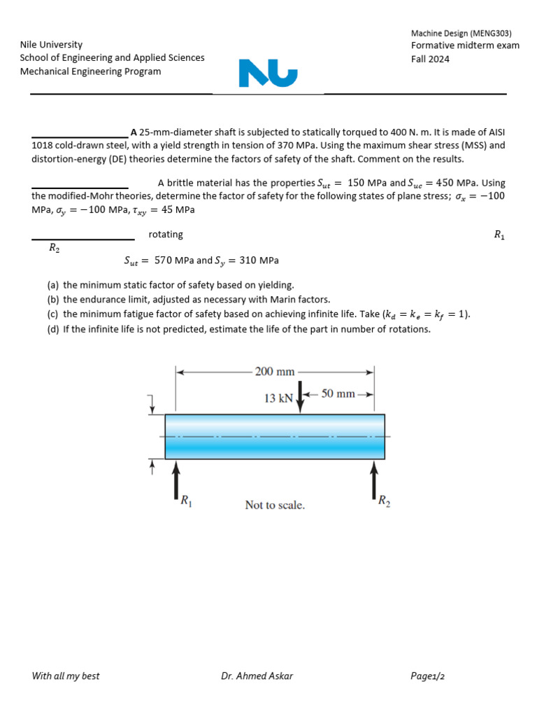 Machine Design Midterm Exam Fall 2024 | PDF