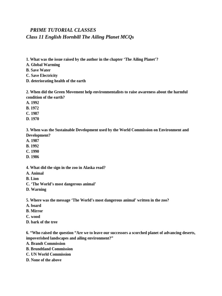 Class 11 English MCQs: The Ailing Planet | PDF | Sustainability ...
