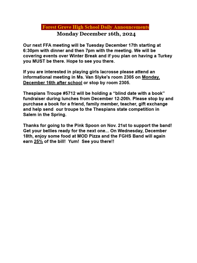 FGHS Daily Announcements - Google Docs (1) | PDF