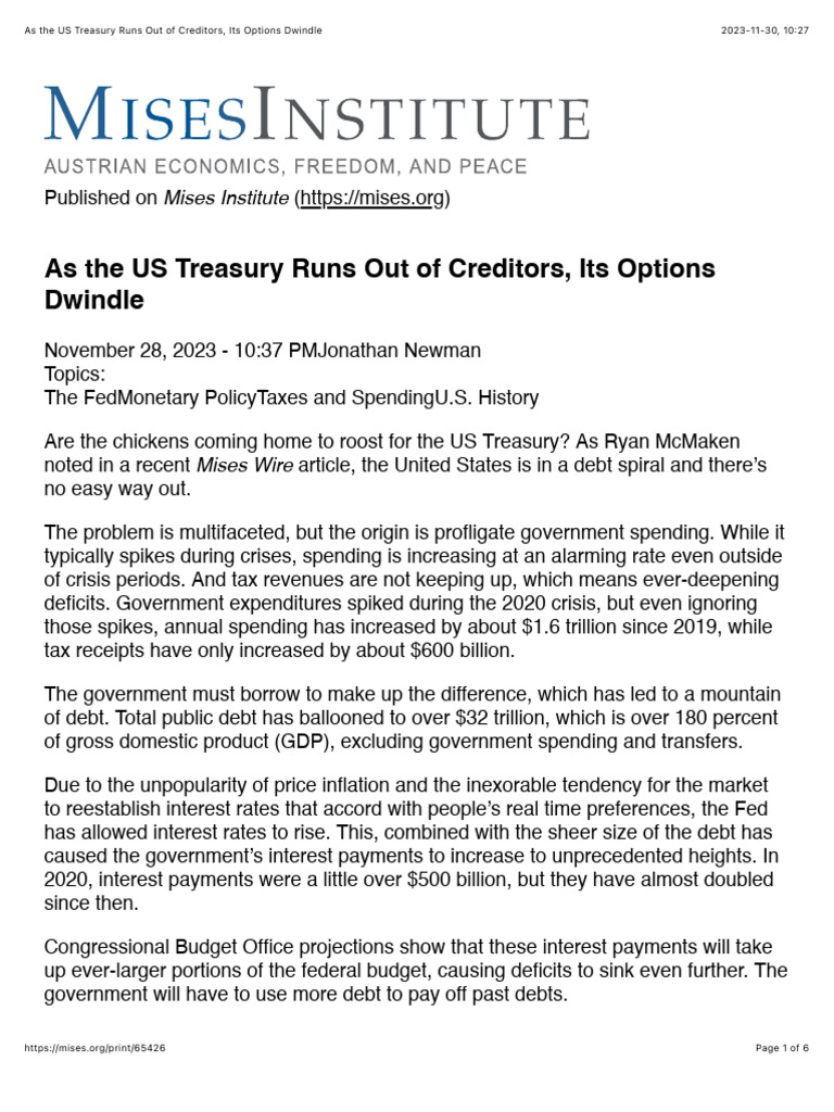 US Treasury Faces Debt Crisis Ahead | PDF | Government Debt ...