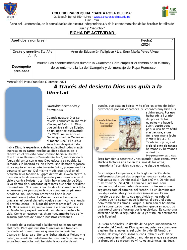 5TO AÑO FICHA DE ACTIVIDAD MENSAJE CUARESMA PAPA FCO 2024 | PDF | Libro del éxodo | Moisés
