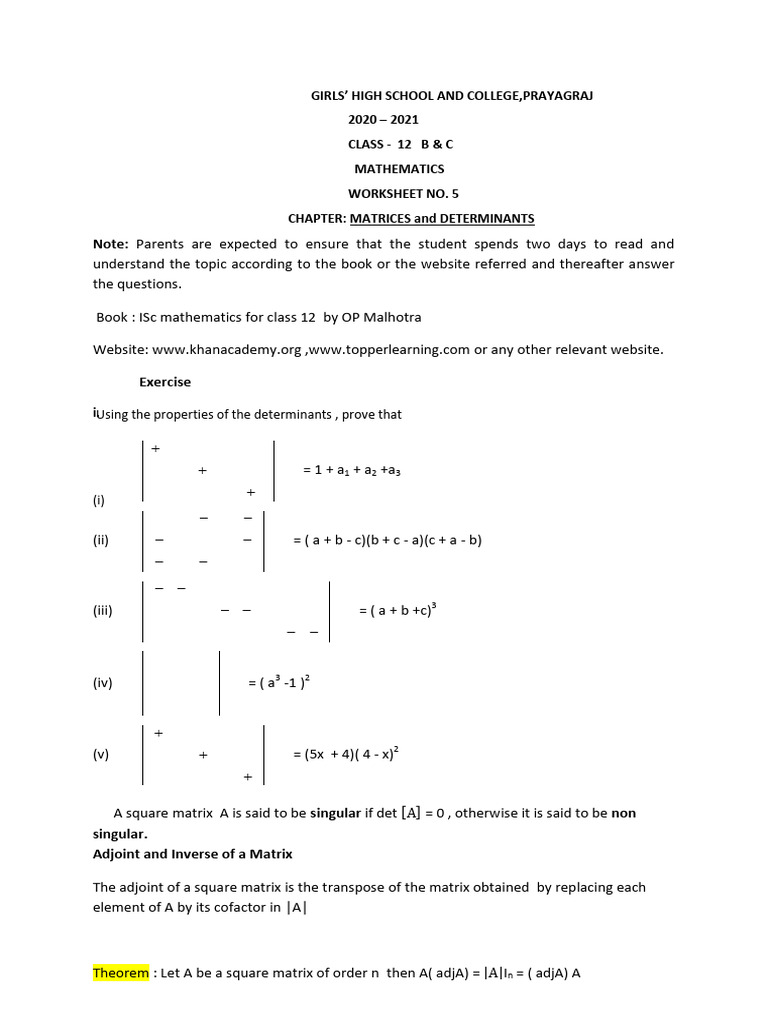 Maths_class 12 worksheet Important ISC Question. | PDF | Matrix (Mathematics) | Linear Algebra