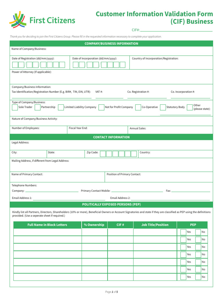 Customer Information Validation Form (CIF) Business Updated FILLABLE | PDF