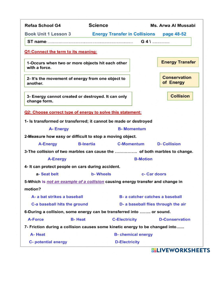 Energy Transfer in Collisions worksheet 39 | PDF