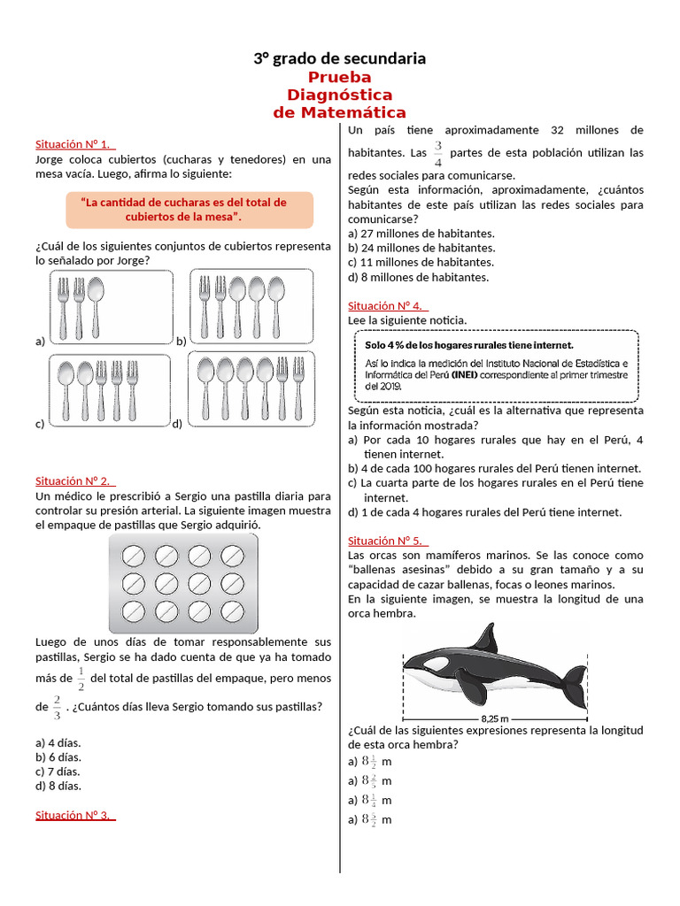 Prueba Diagnóstica de Matemática 3° Secundaria | PDF