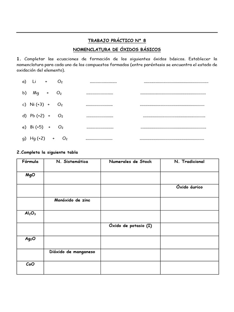 Tpn°8 - Nomenclatura de Óxidos Básicos | PDF