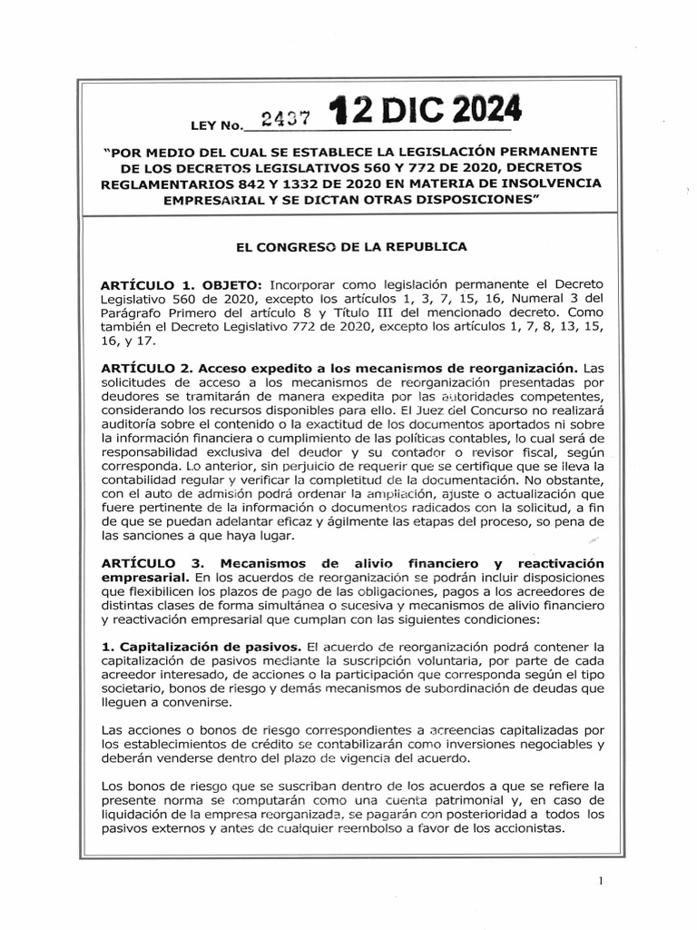 Ley 2437 Del 12 de Diciembre de 2024 | PDF | Liquidación | Compartir (Finanzas)