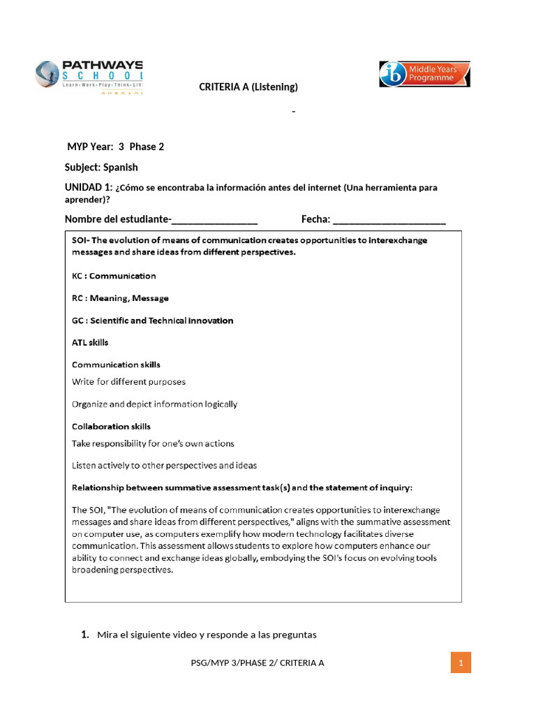MYP3 Criterion AListening | PDF | Tableta | Informática