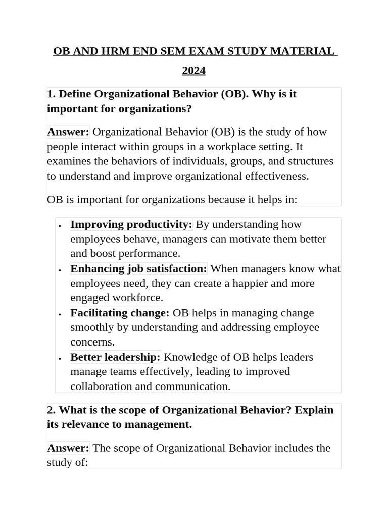 OB & HRM Exam Study Guide 2024 | PDF | Human Resources | Leadership