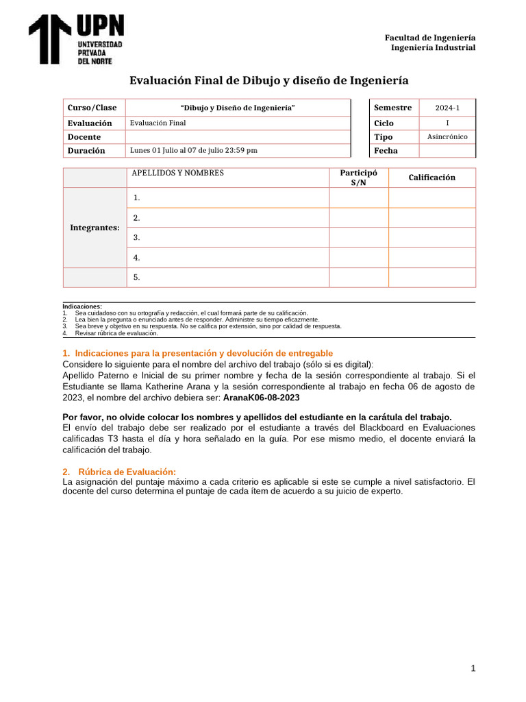 EVALUACIÓN CALIFICADA Final Dibujo y diseño de ingenería-UPN (1) (1) (2) (1) | PDF | Dibujo técnico