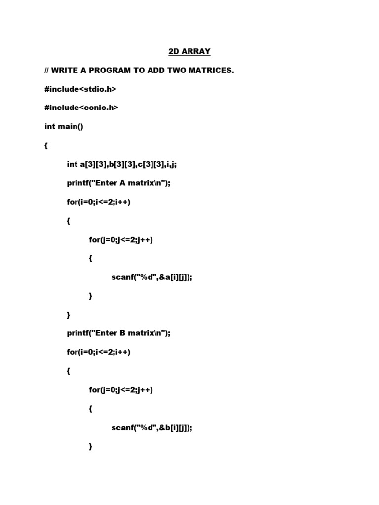 Matrix Operations in C: Addition, Diagonal Sum, Transpose | PDF