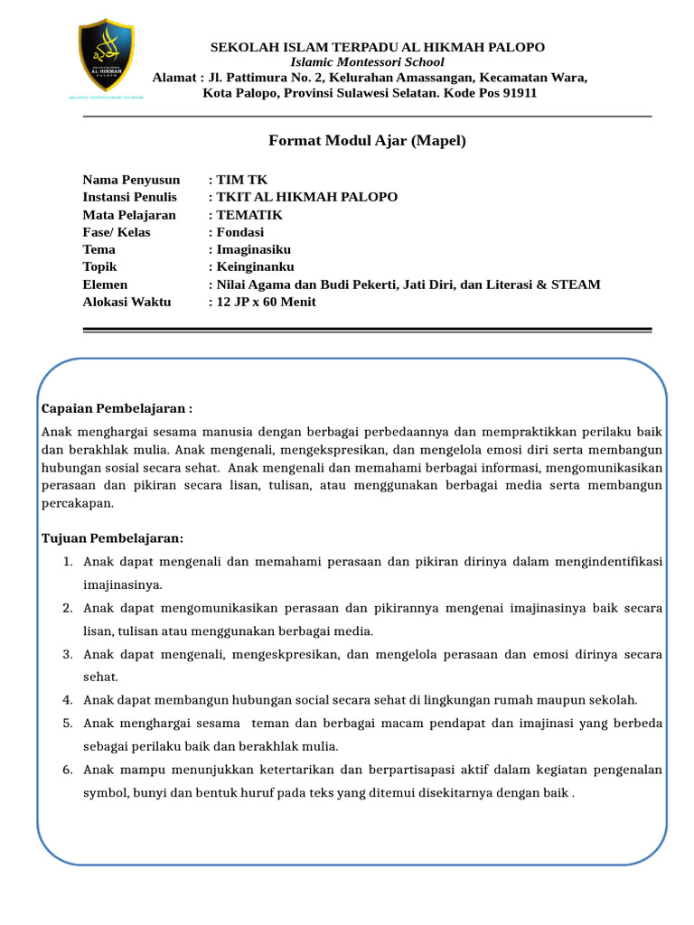 Modul Ajar TK A (Keinginanku) | PDF