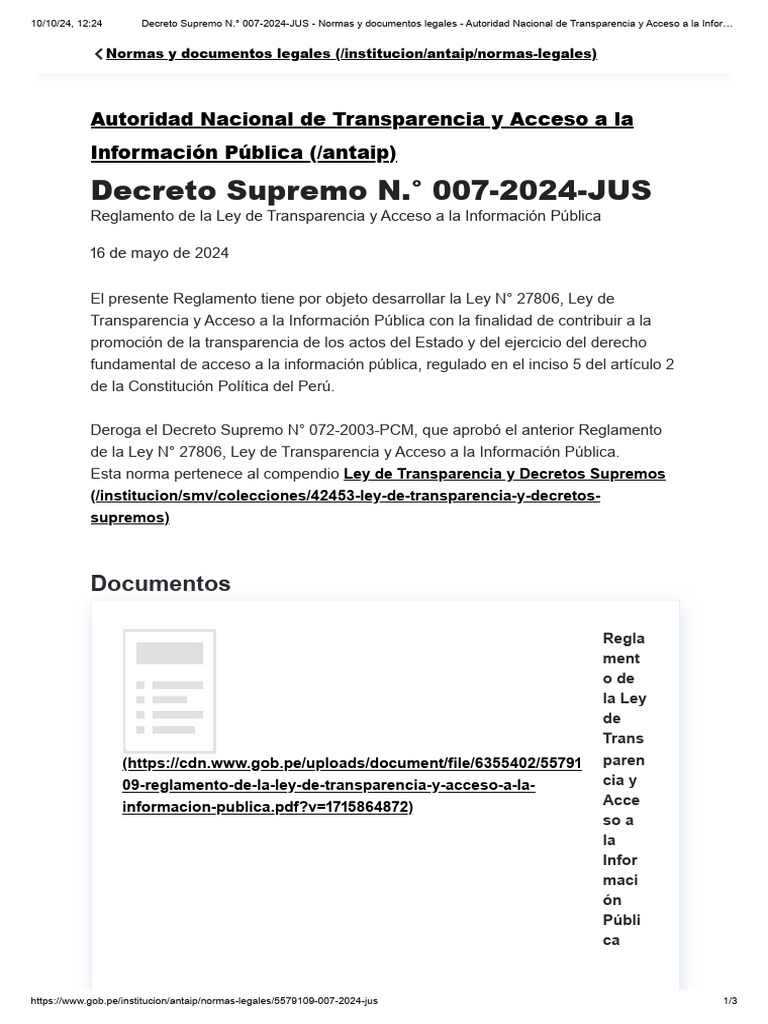 Decreto Supremo N° 007-2024-JUS que aprueba el Reglamento de la Ley de Transparencia y Acceso a ...