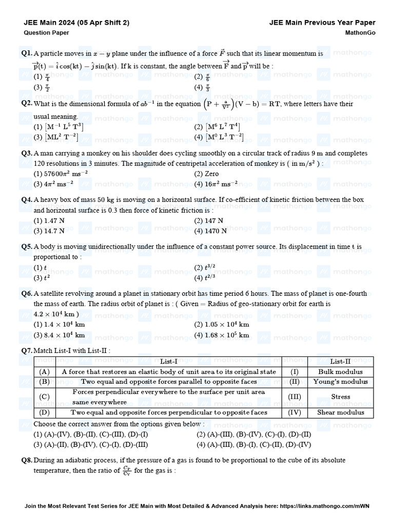 JEE Main 2024 (05 Apr Shift 2) Previous Year Paper With Answer Keys - MathonGo | PDF ...