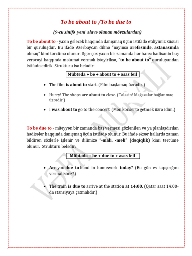 Be About To, Be Due to-IX Sinif Yeni Mövzu (Vəfa Nurəli) | PDF