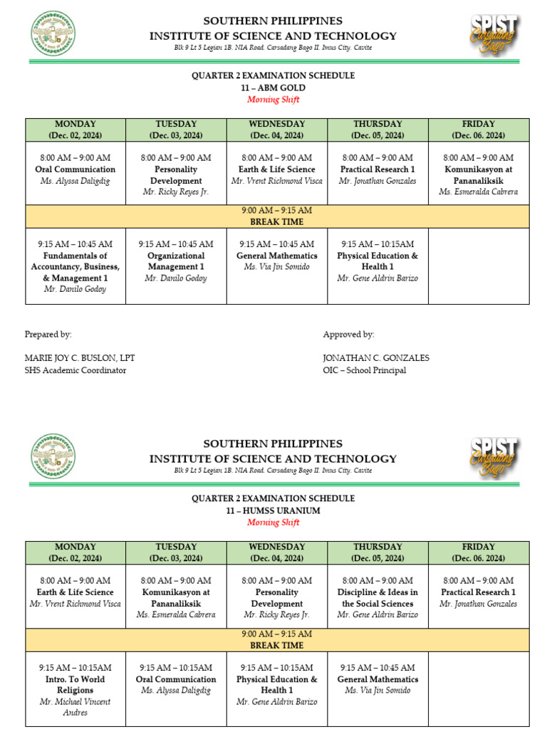 Q2 Exam Schedule Morning | PDF | Science