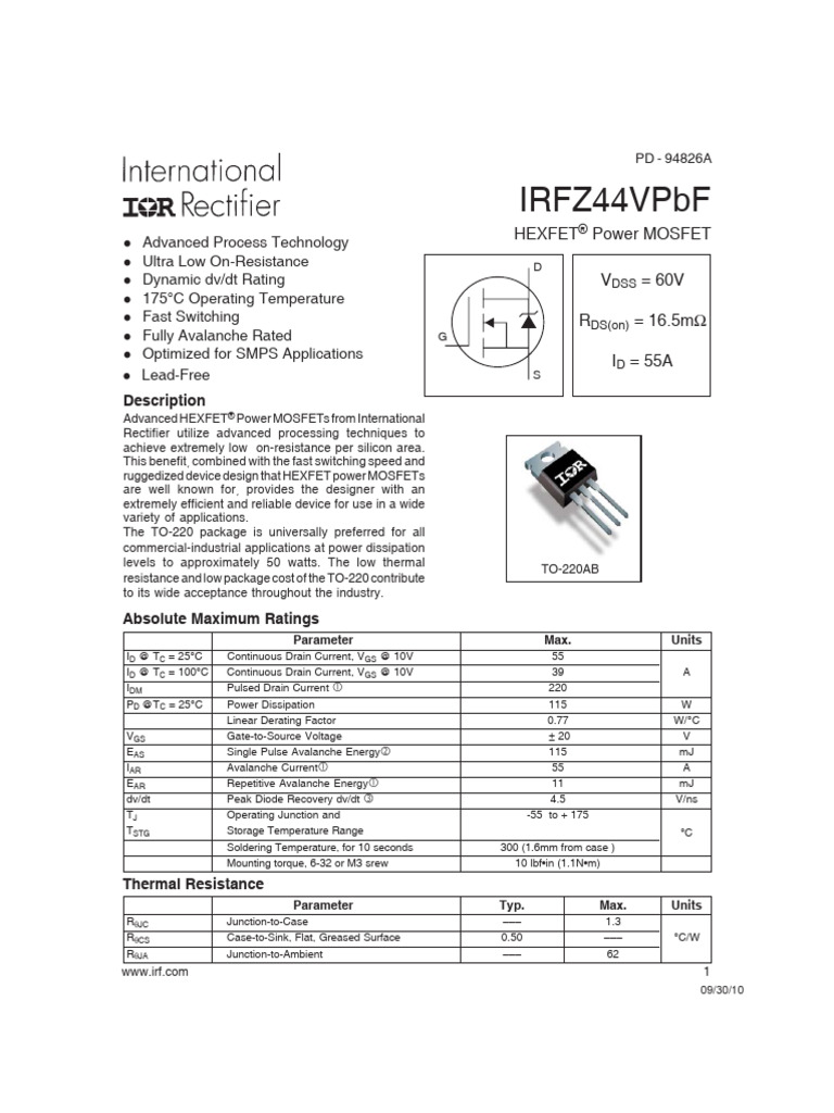 Infineon-IRFZ44V-DataSheet-v01_01-EN | PDF | Diode | Electrical Engineering